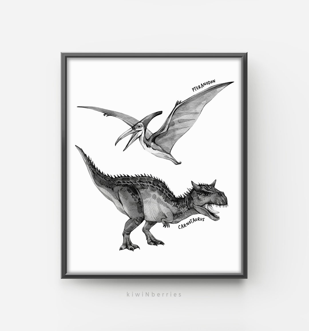 Carnotaurus and Pteranodon Poster, Black and White, Kids Room Wall Art ...