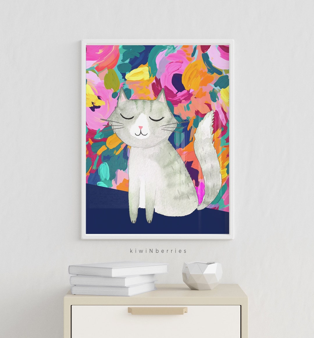 Colorful Cat Art Print: Eclectic Floral Kitten Poster (digital Download ...