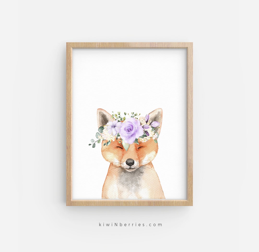 Fox With Flower Crowns, Girl's Printable Art, Woodland Animal, Purple ...
