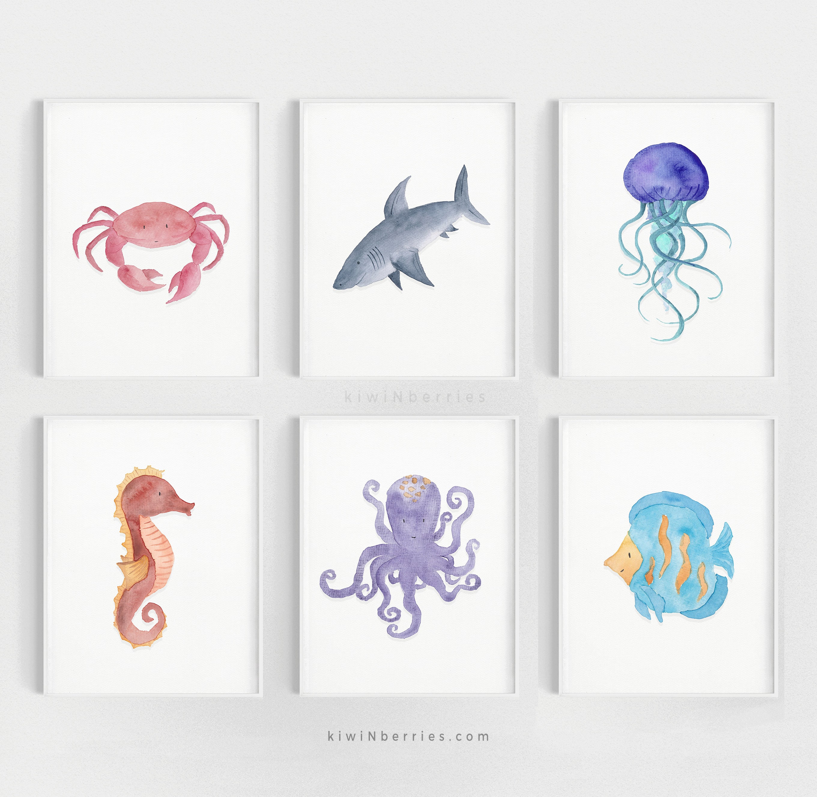 Painting Watercolor Kids initial print sea animals nursery decor sea ...