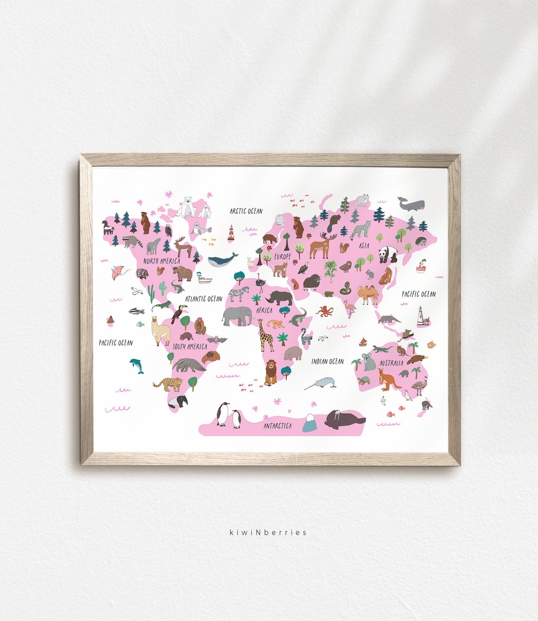 Pink World Map Print, Printable Map for Kids, Playroom Decor, Girls ...