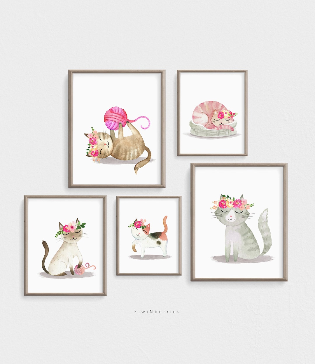 Cute Cat Prints, Set of 5 Prints, Watercolor Art, Digital Printable ...