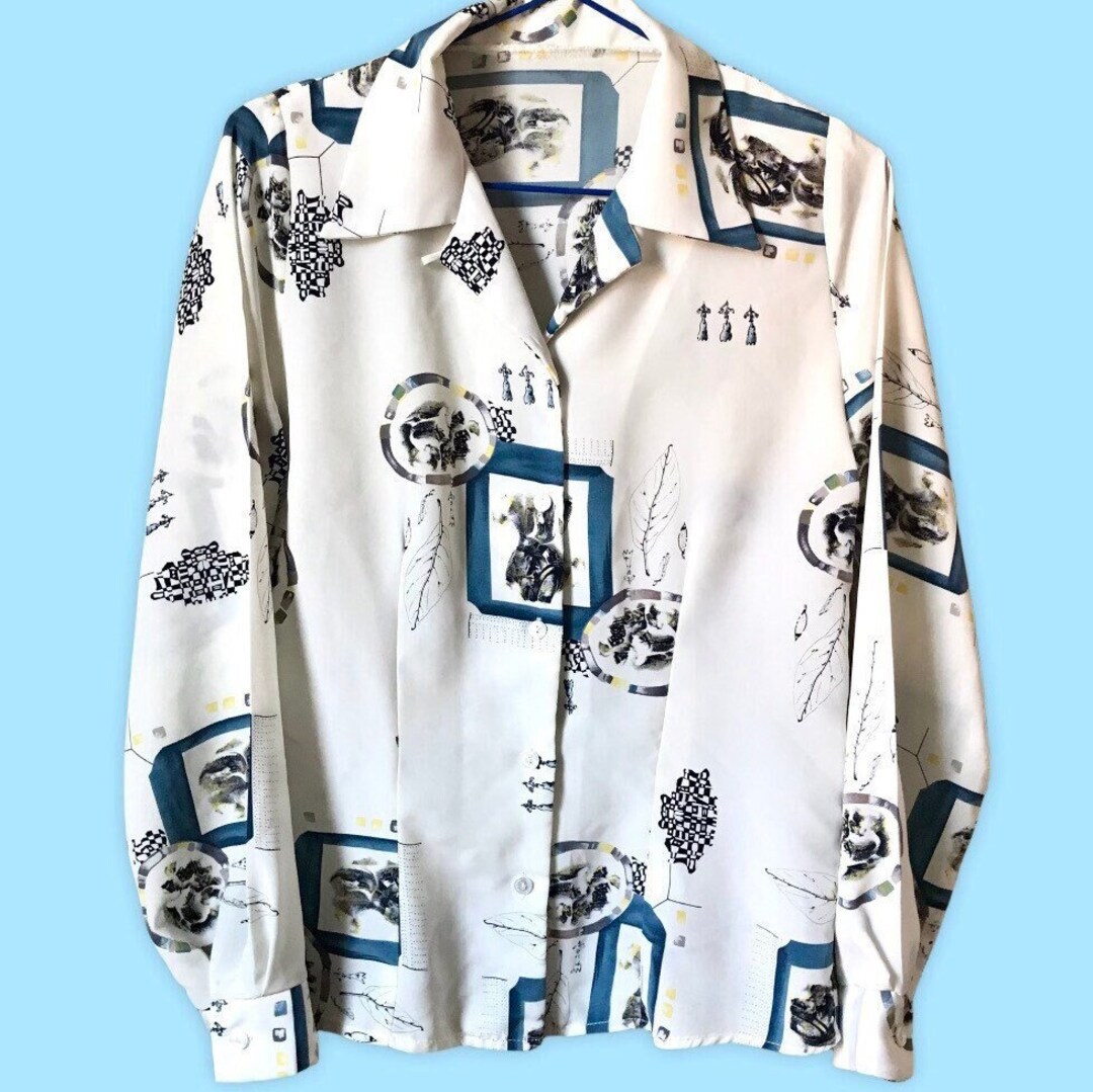 Vintage, Retro, Greek, Roman Style, Patterned, Collared, Blouse, Shirt ...