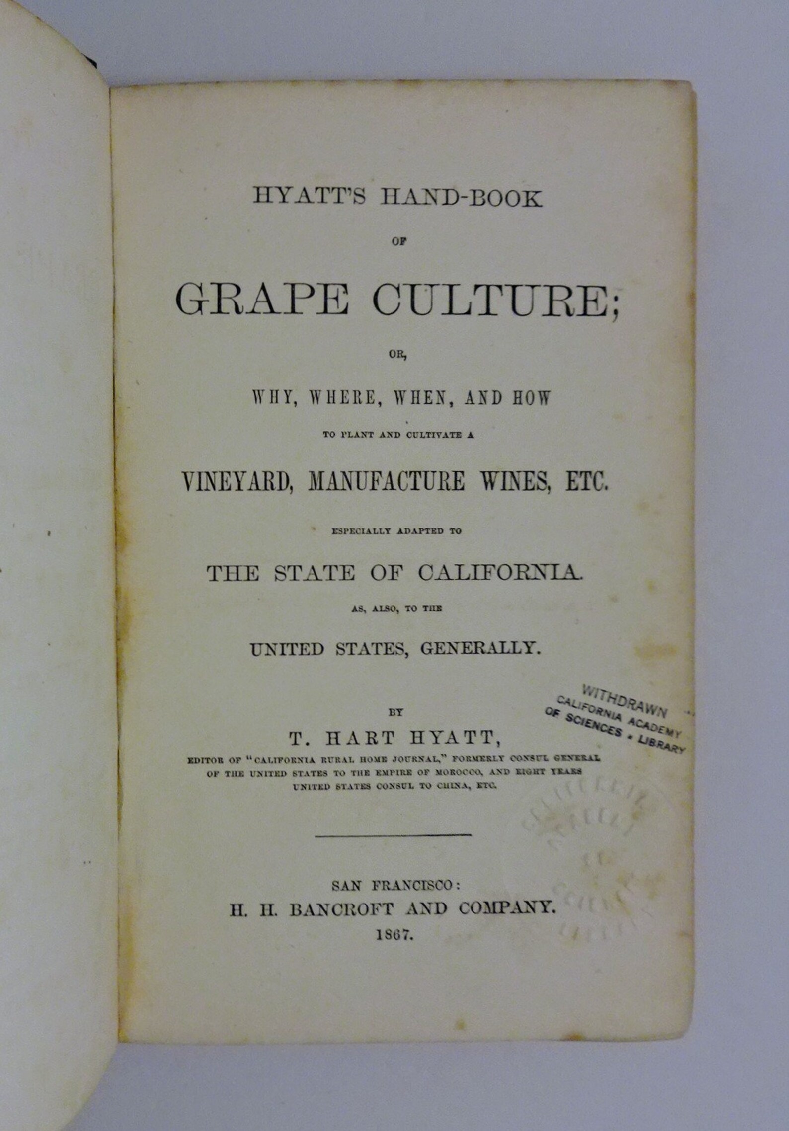 1867 Hyatt's Hand-book of GRAPE CULTURE by T. Hart Hyatt, 1st Edition ...