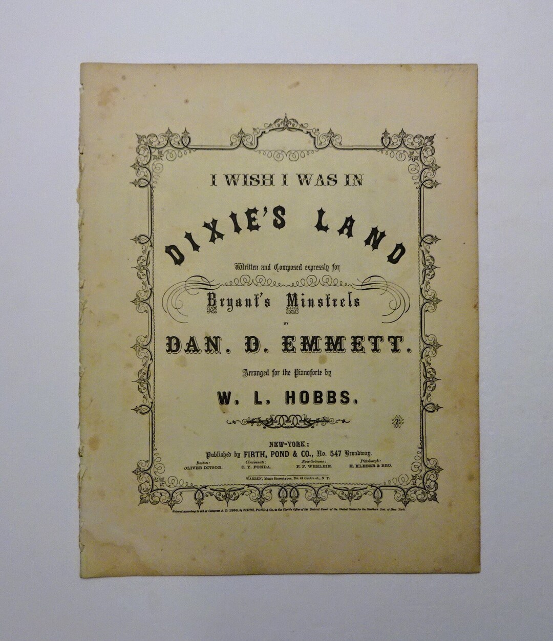 1860 I Wish I Was in DIXIE'S LAND ~ 1st Edition Sheet Music ...