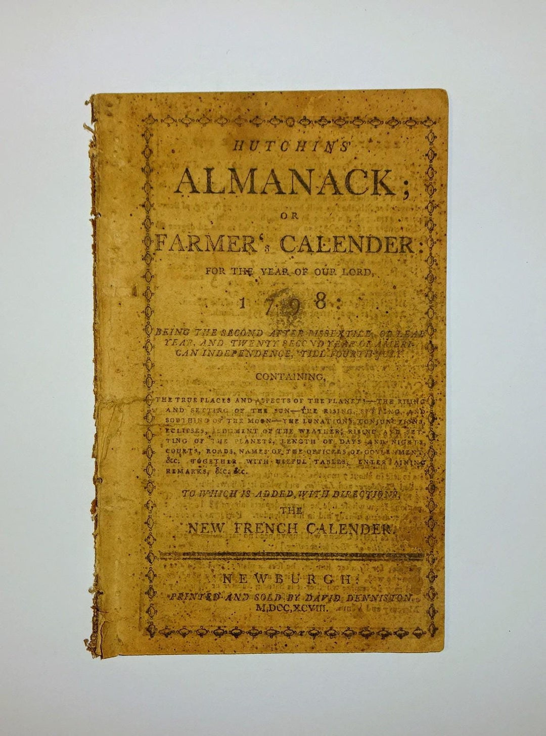1798 Hutchins' Almanack or Farmer's Calender, Sun Moon Planets Weather ...