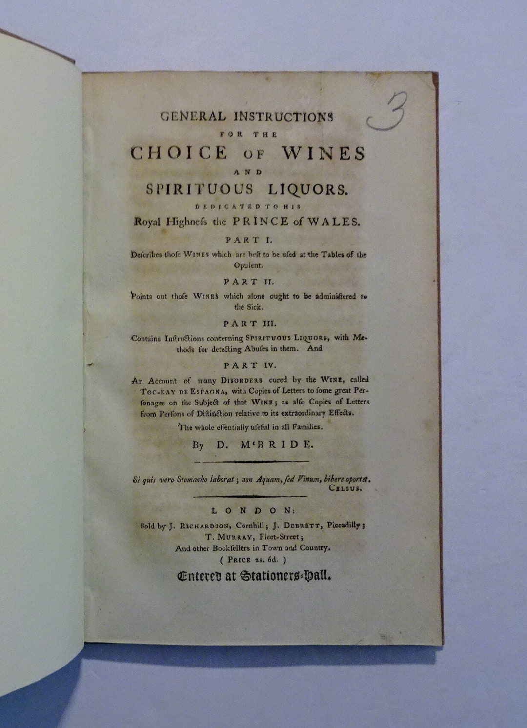 1793 General Instructions for Choice of Wines & Spirituous Liquors ...
