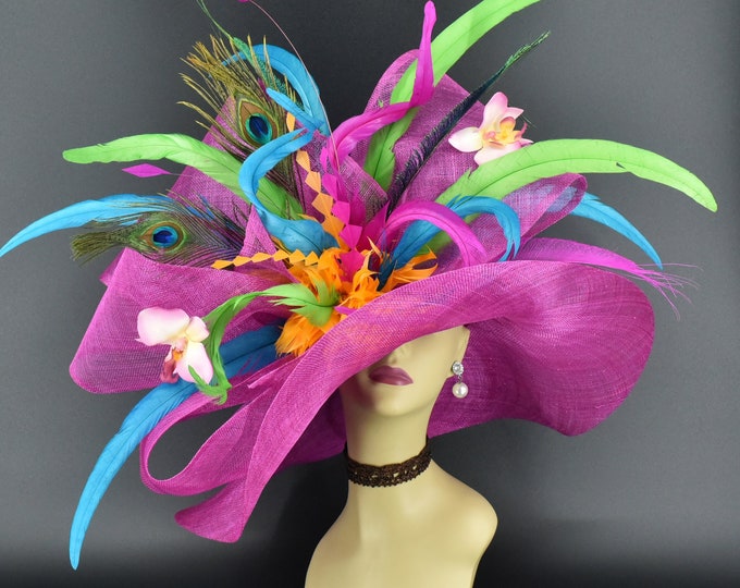 SD28AA Fuchsia Orange Teal Green Hat Kentucky Derby Hat, Wedding Hat, Eater Hat, Tea Party Hat ...