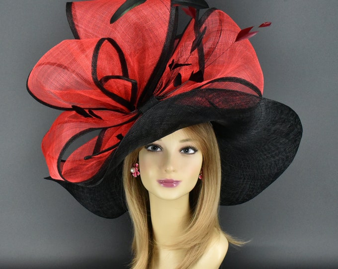 SD28A Red Black Hat Kentucky Derby Hat, Church Hat, Wedding Hat, Eater ...