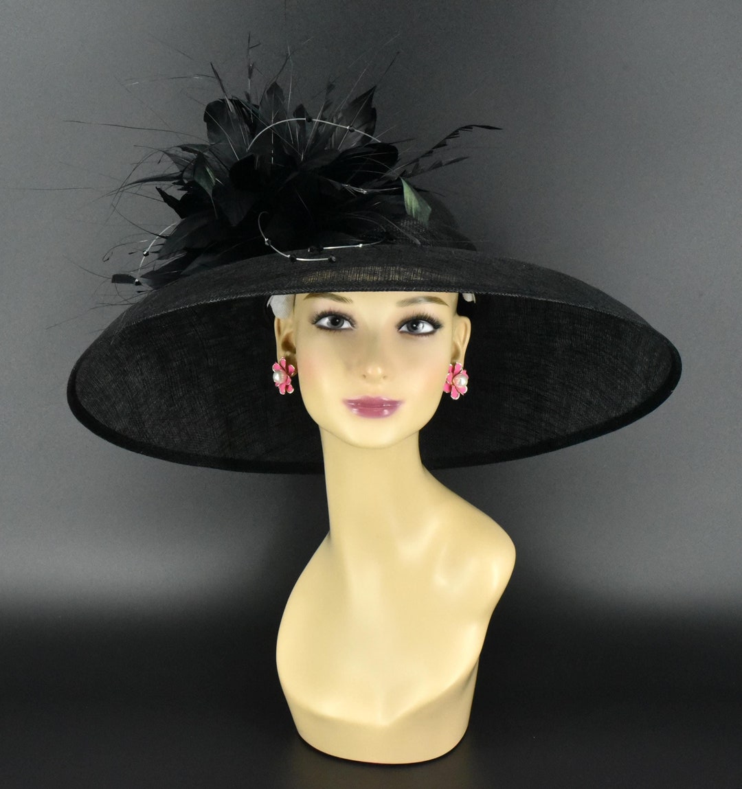 M22027 ( Black Hat) Audrey Hepburn Hat With Feather Flower, 19.75 ...