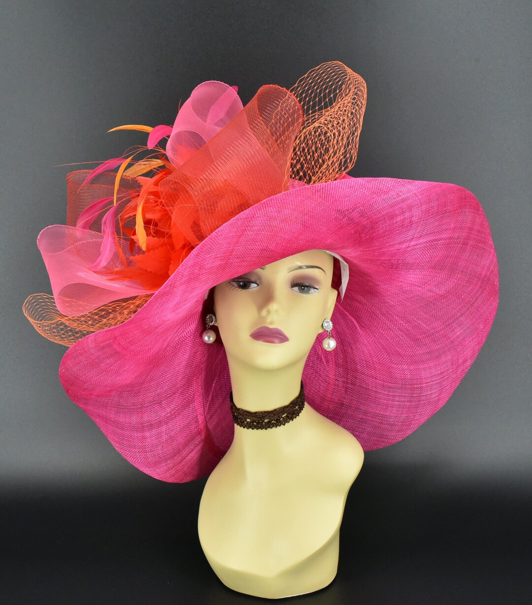 SD20( Hot Pink Orange Red Hat) Kentucky Derby Hat Wedding Hat Horse ...
