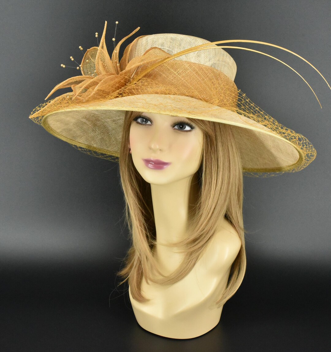 M489(pale Gold/gold)kentucky Derby Hat Church Hat Wedding Hat Easter ...