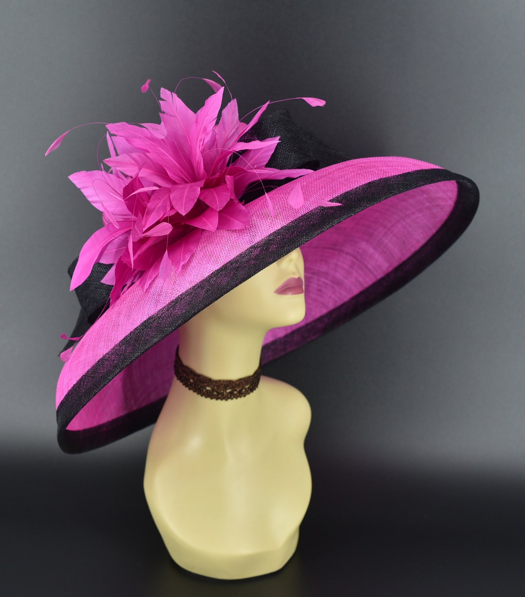 M22025F ( Fuchsia Black Hat ) Audrey Hepburn Hat With Double Feather ...