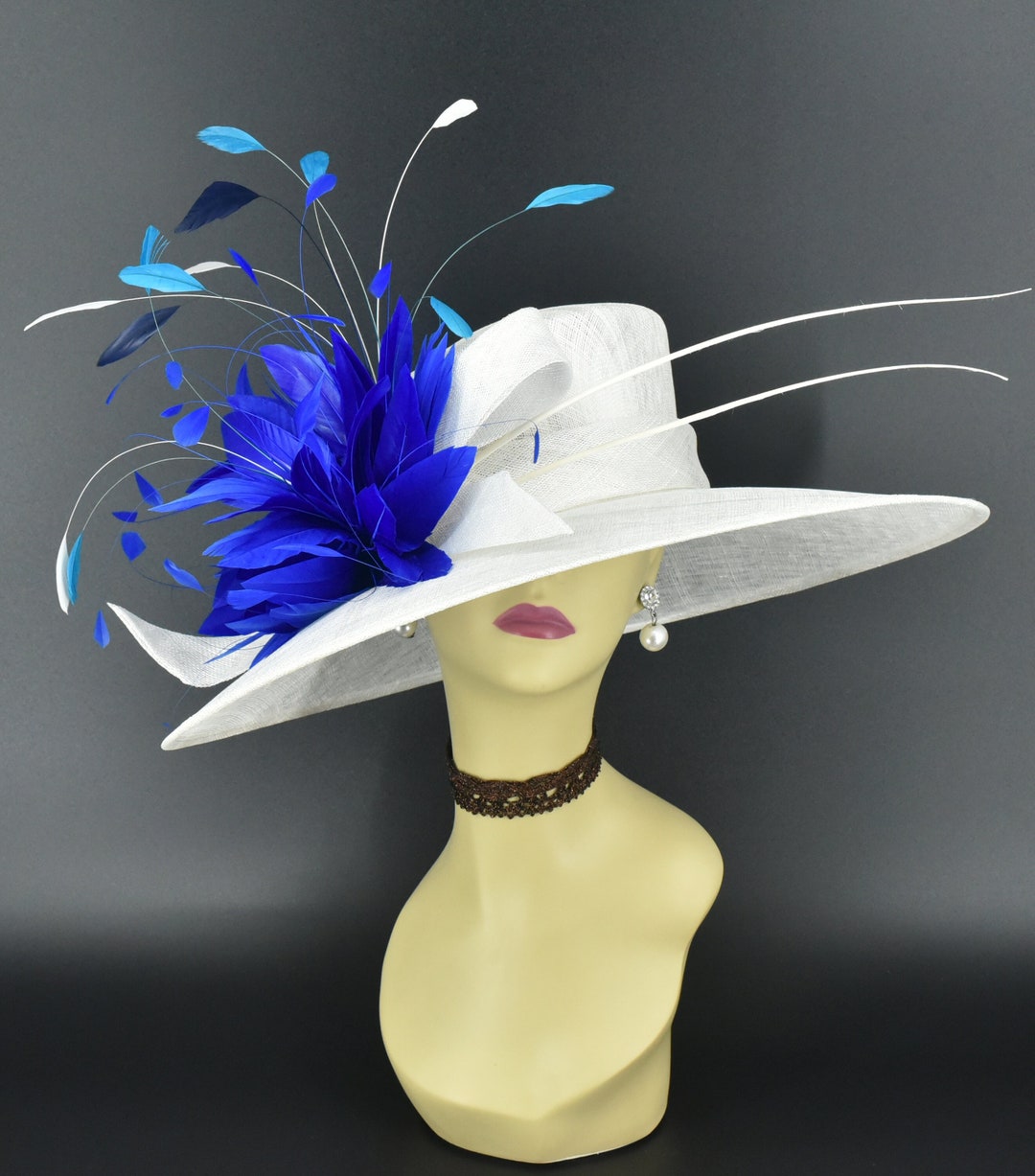 M936( White Royal Blue Multi-colors Hat ) Kentucky Derby Hat Wedding ...