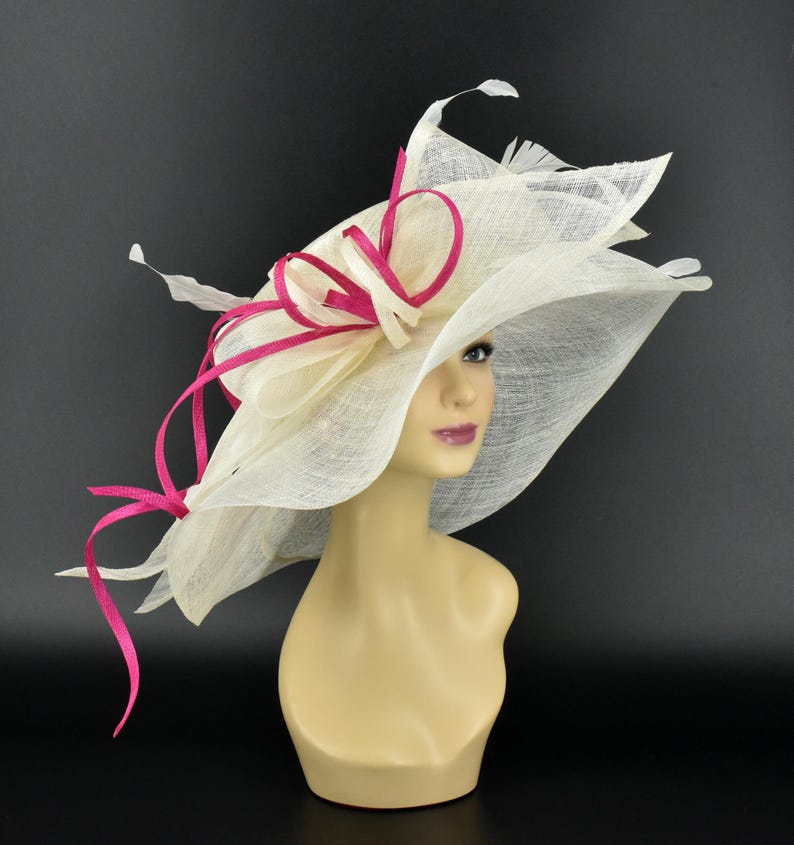 M22019 ( Ivory/hot Pink ) Kentucky Derby Hat Church Hat Wedding Hat Tea ...
