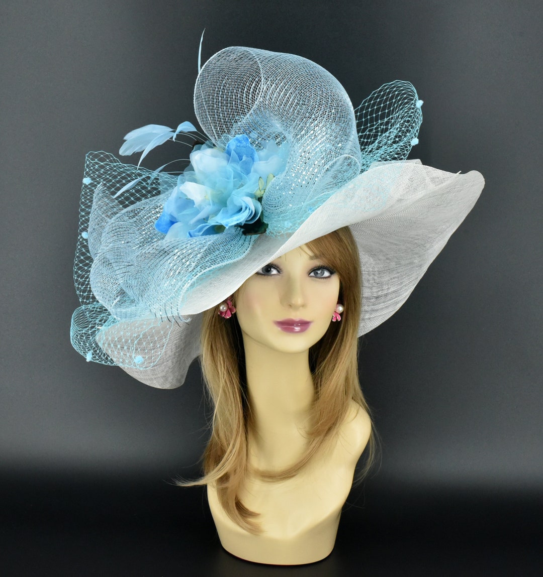 SD21-1 ( White/baby Blue/green) Kentucky Derby Hat Wedding Hat Horse ...