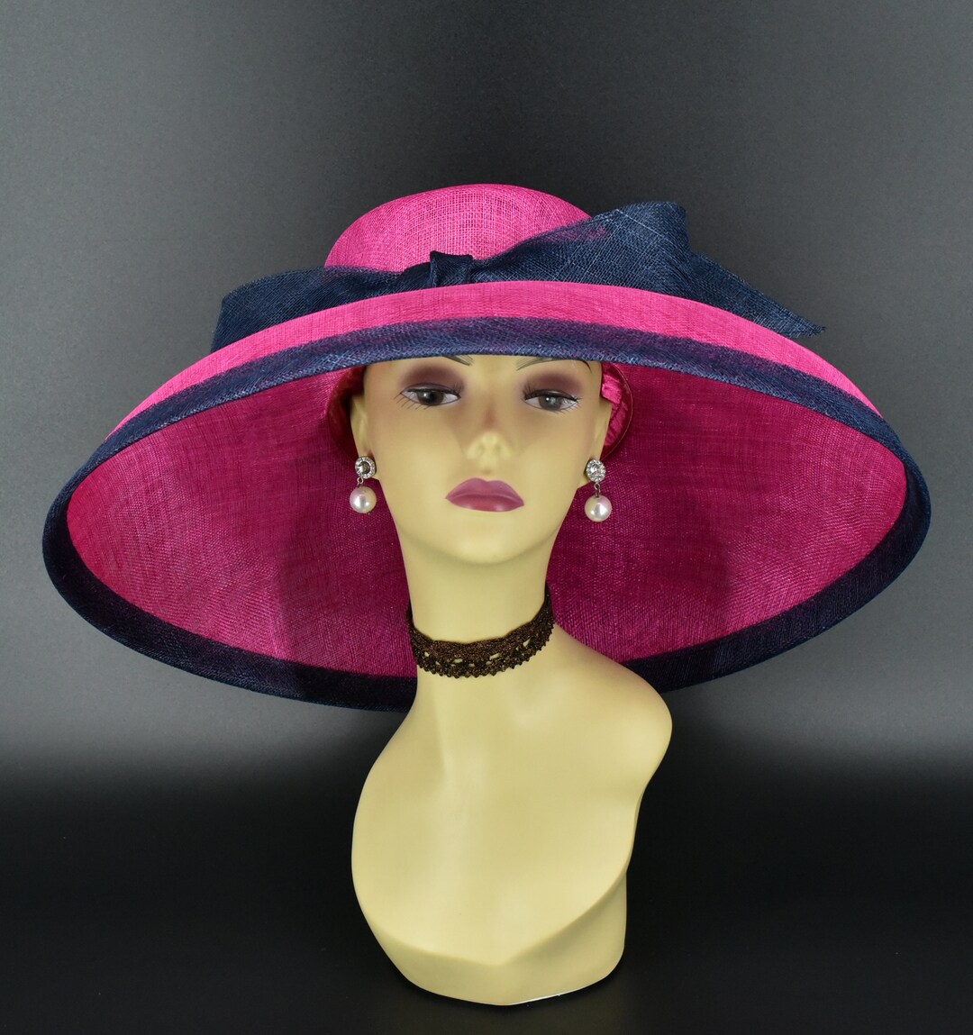 M22025( Hot Pink Navy Hat) Audrey Hepburn Hat 19.75" Jumbo Wide Brim Sinamay Hat - Etsy