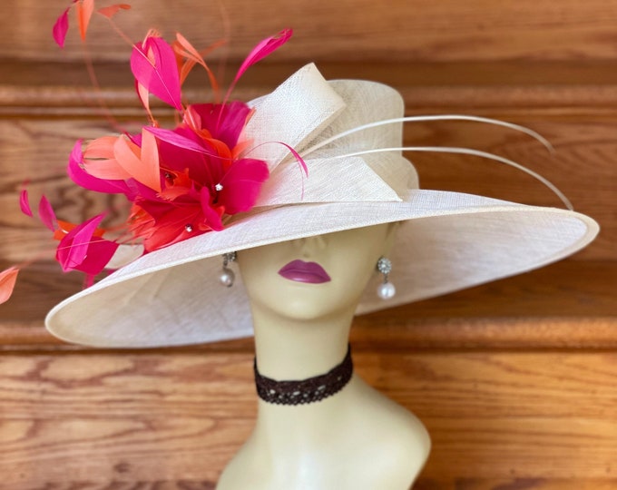 M935ivory Orange Hot Pink Hat Kentucky Derby Hat, Wedding Hat, Easter ...