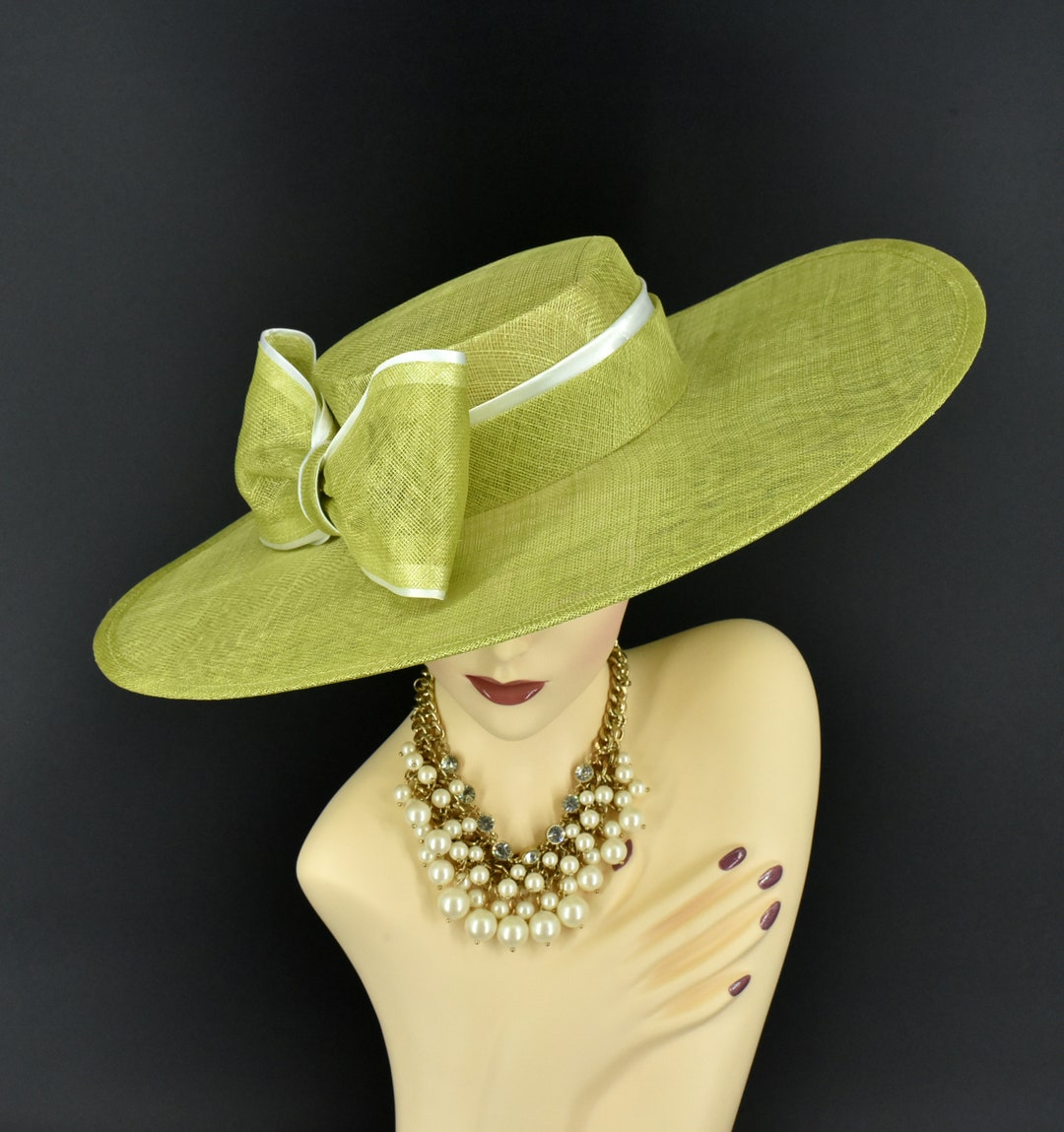 M23155 Lime Green/white Wide Brim Sinamay Fascinator Hat for Kentucky ...