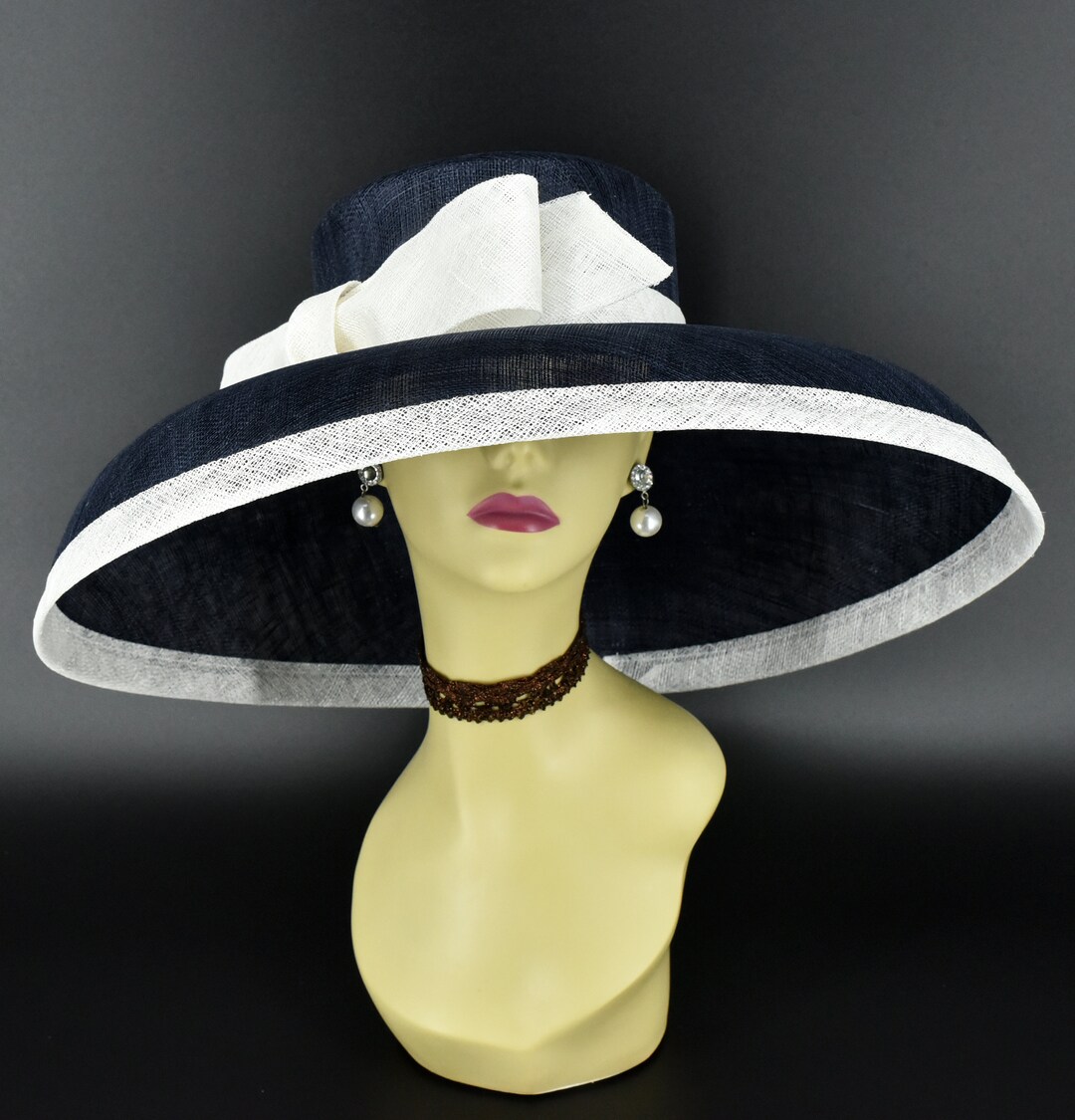 M22025( Navy White Hat) Audrey Hepburn Hat 19.75" Jumbo Wide Brim ...