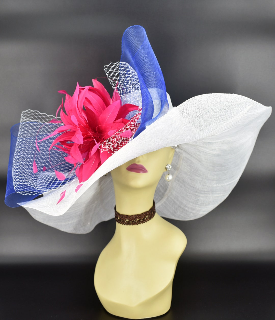 Sd518(white Hot Pink Hat) 8” Jumbo Wide Brim Kentucky Derby Hat Church ...