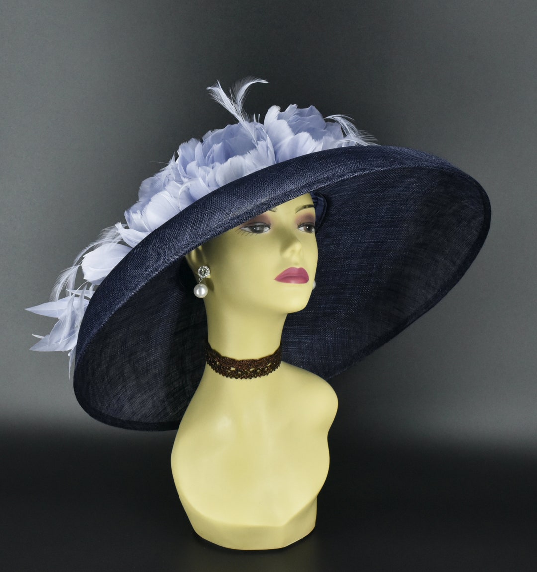 M22028 ( Navy Powder Blue Hat ) Audrey Hepburn Hat With Pretty Feather ...