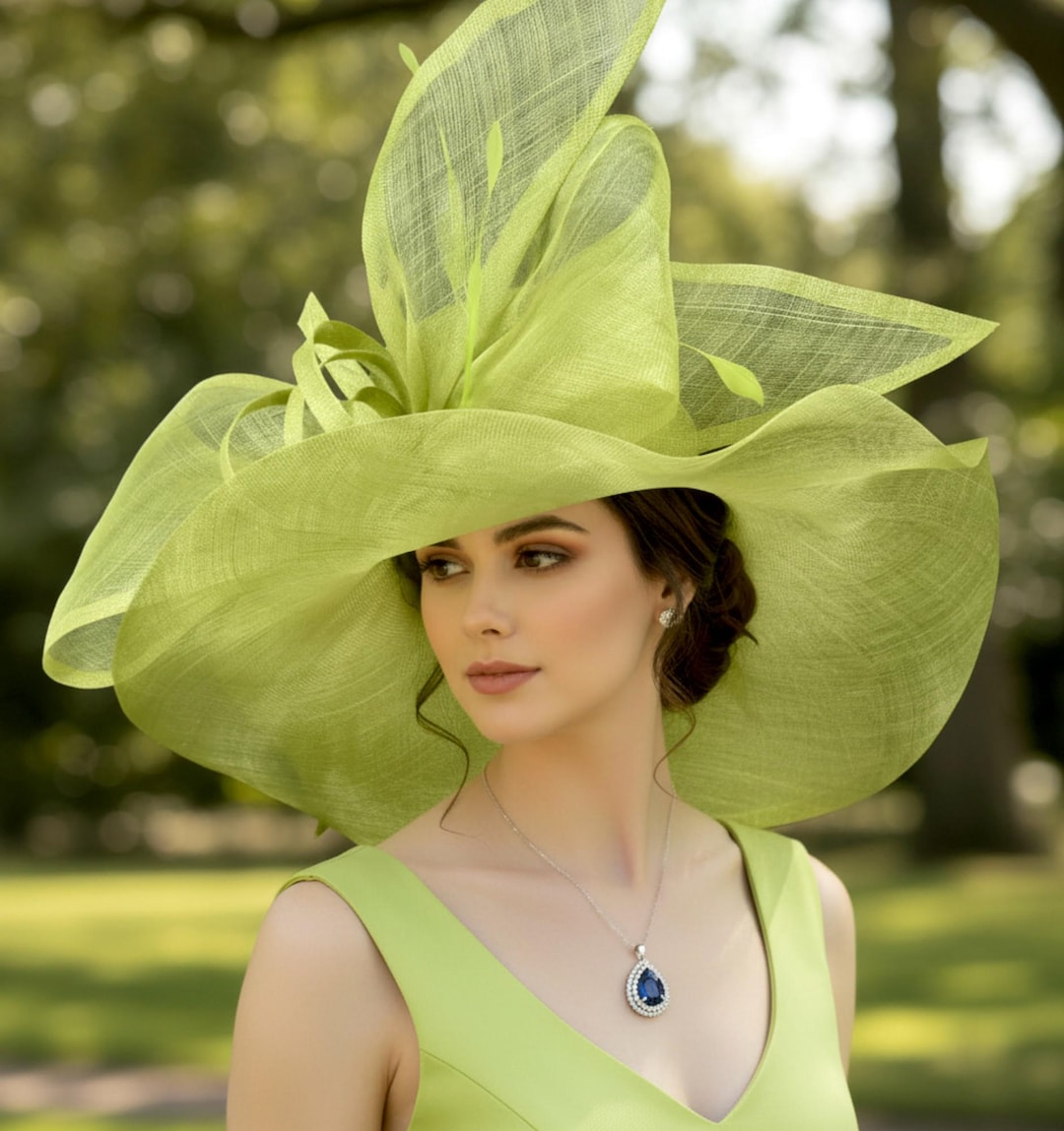 M23157 Lime Green Wide-brim Sinamay Hat With Jumbo Bow – Kentucky Derby ...