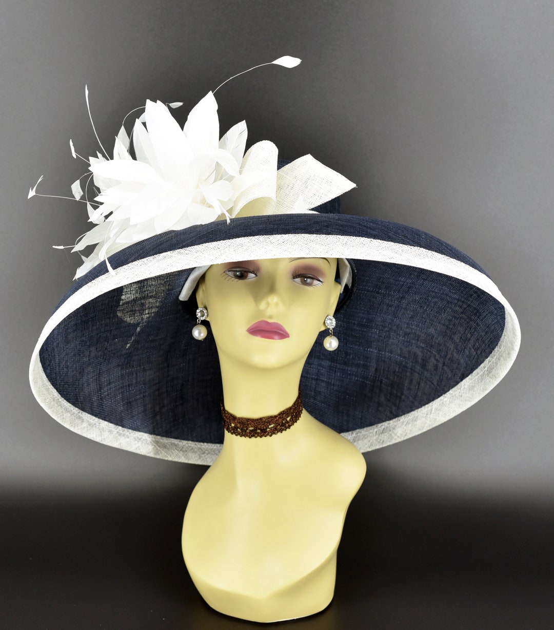 M22025F ( Navy Ivory Hat ) Audrey Hepburn Hat With Double Feather ...