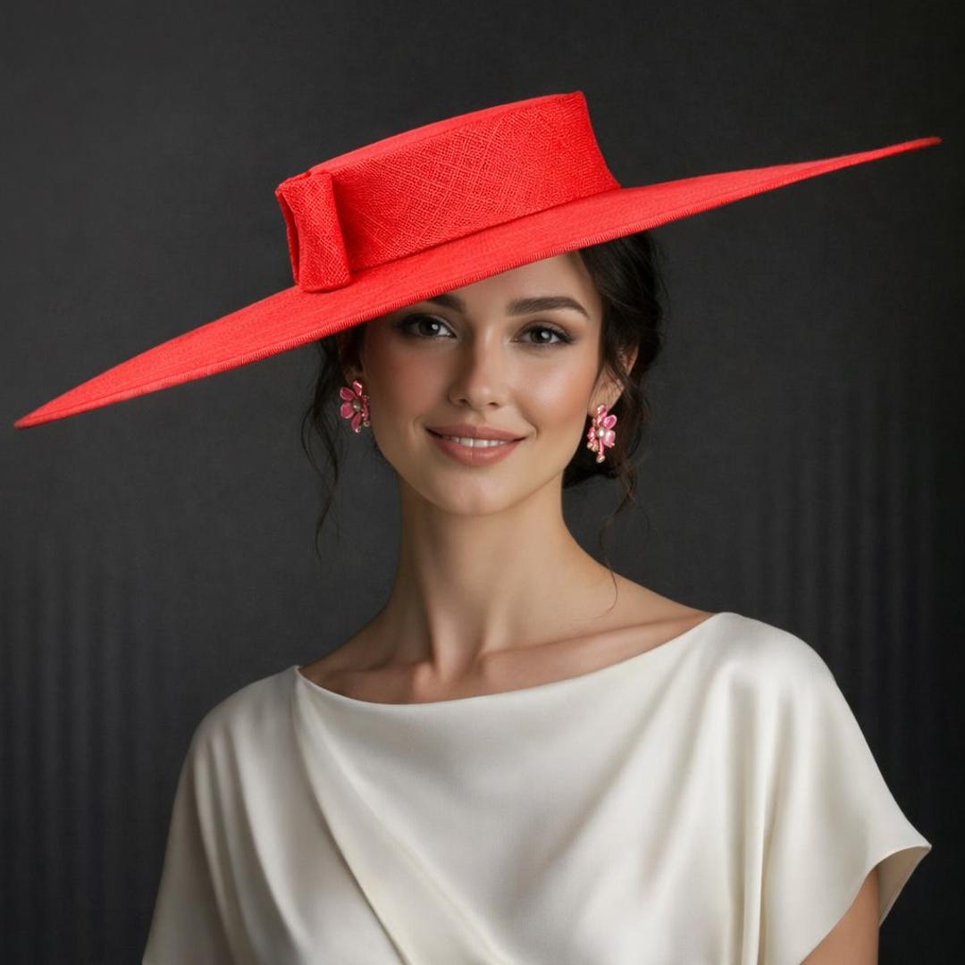 M25151 ( Red ) Extra Wide Flat-brim Sinamay Boater Hat/fascinator ...