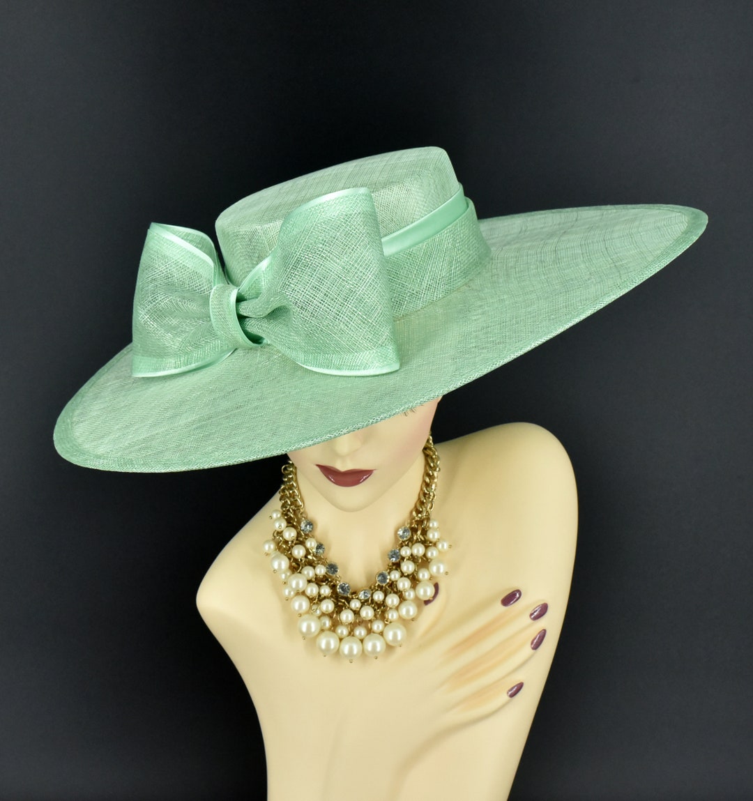 M23155 Mint Green Wide Brim Sinamay Fascinator Hat for Kentucky Derby ...