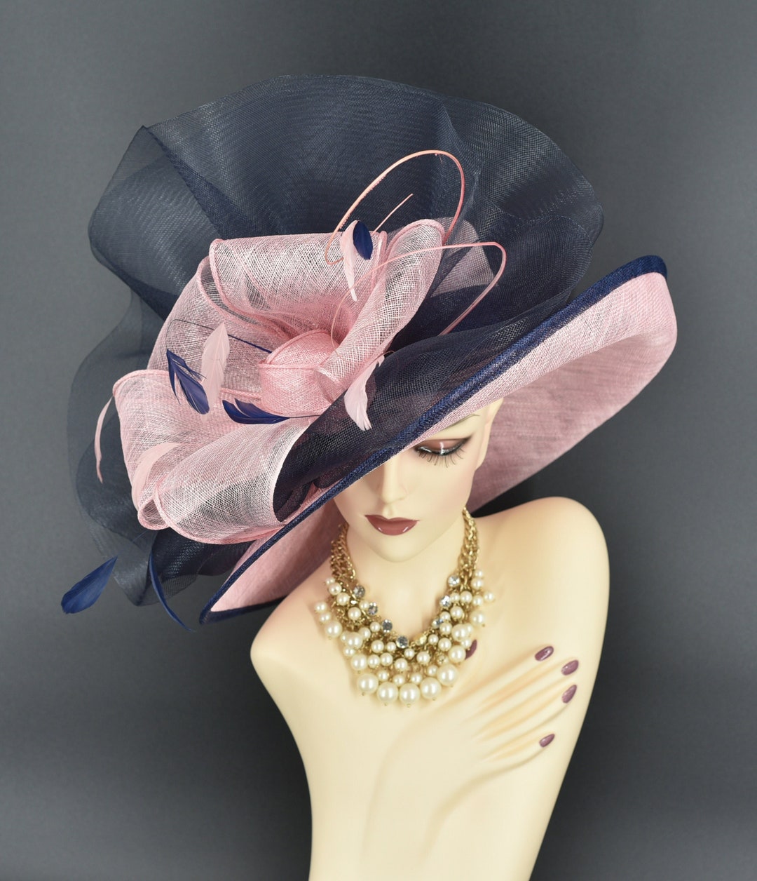 M22020( Navy Pink Hat)kentucky Derby Hat, Wedding Hat, Royal Ascot Hat ...
