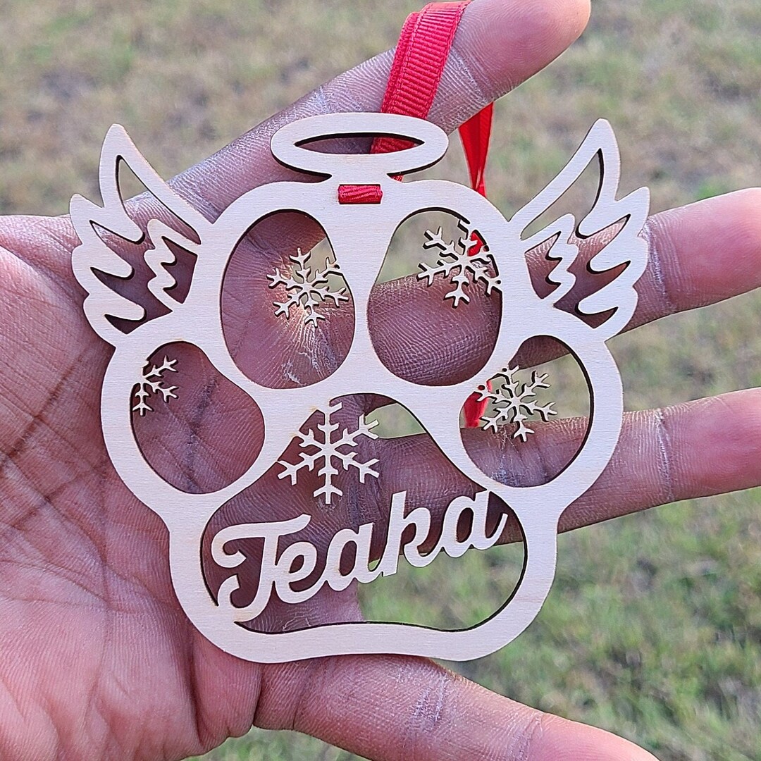Dog Paw Print Halo Wings RIP Christmas Wooden Tree Ornament Decoration ...