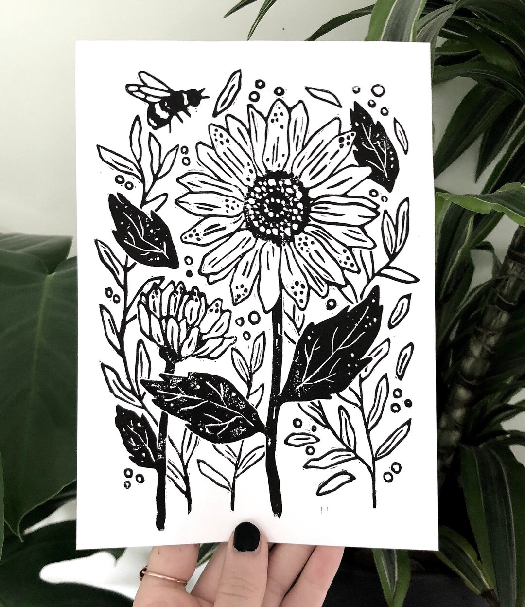 Sunflower - Rustic Lino Art Print A5 - Etsy