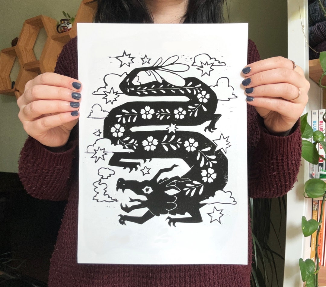 Folk Dragon - Rustic Lino Art Print A4 - Etsy