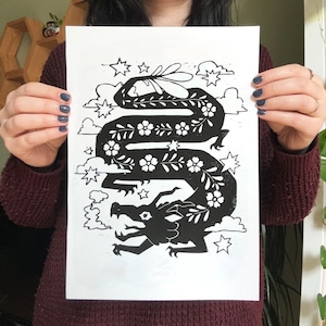 Folk Dragon - Rustic Lino Art Print A4 - Etsy