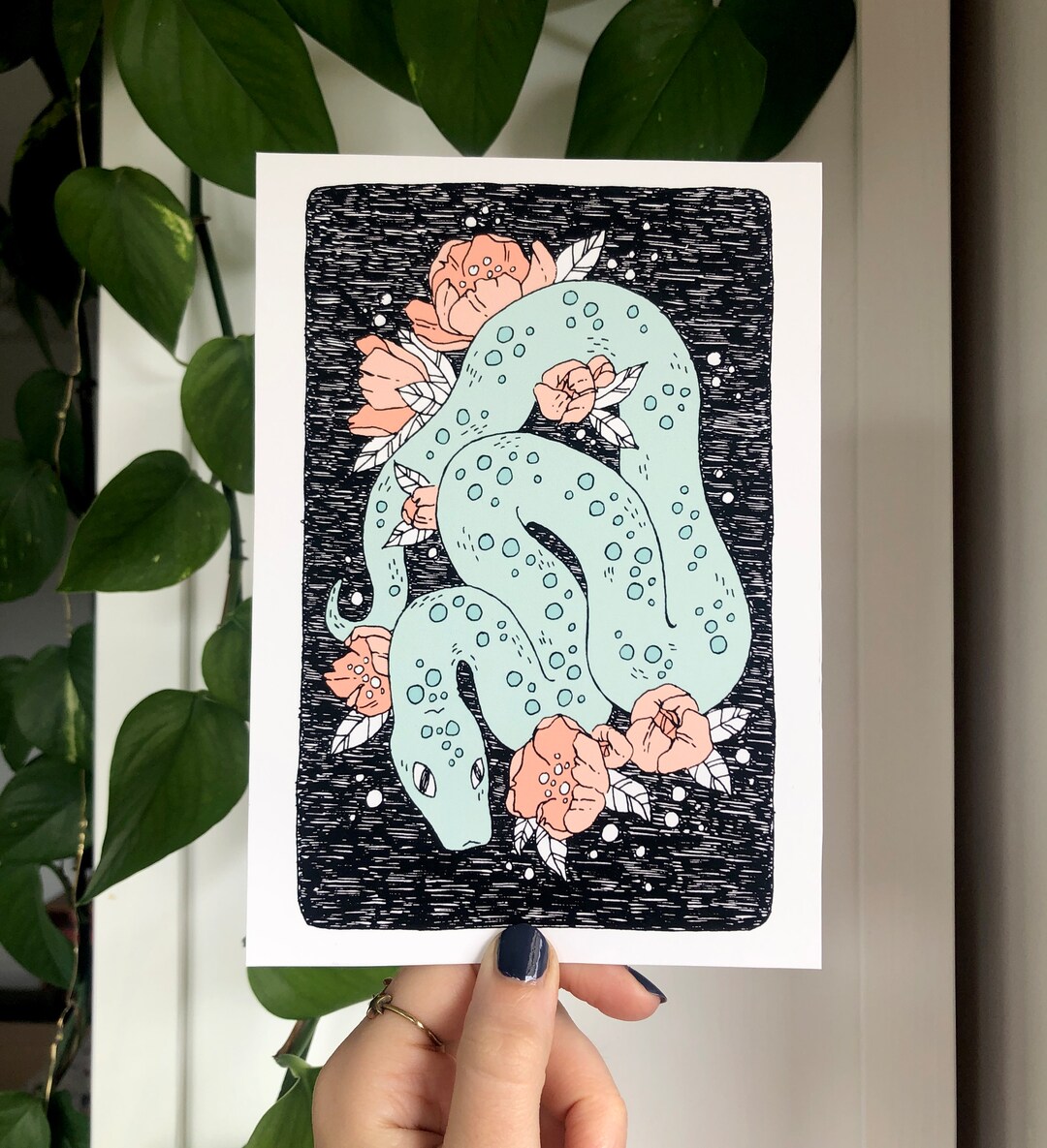 Pastel Mint Snake - Cute Snake Art Print 5x7" - Etsy