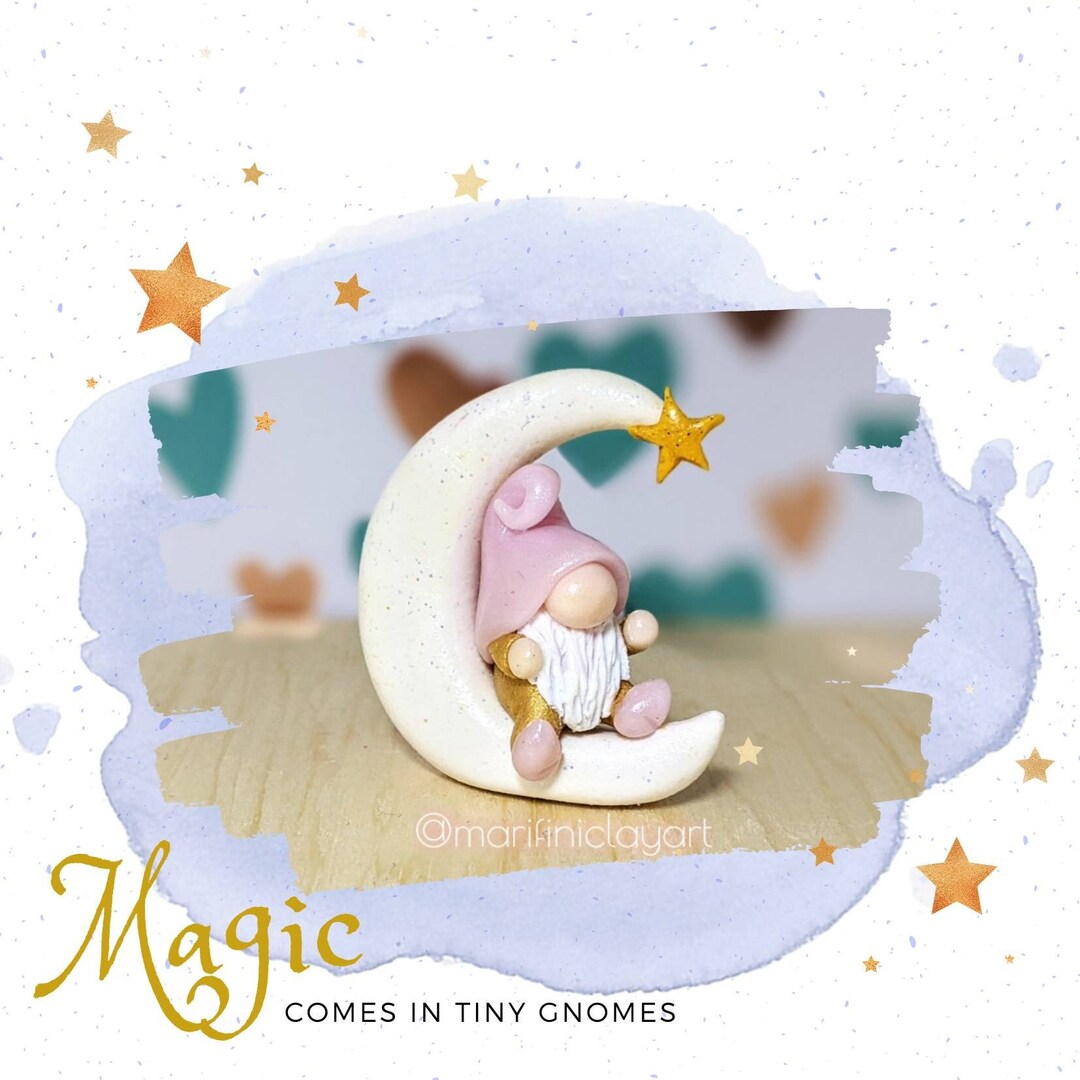 Handmade Clay Gnome on Crescent Moon, Tiny Handmade Crescent Moon Gnome ...