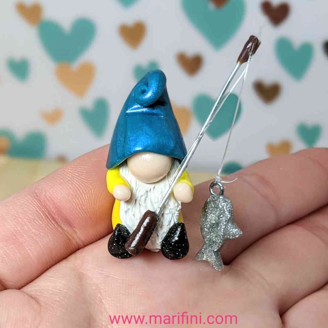 Tiny Fishing Gnome With Fishing Rod and Dangling Fish/ Pint Size Gnome ...