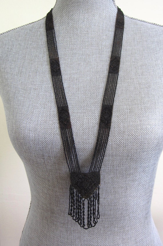 ANTIQUE ArtDeco 1920s Black Cut Steel Loom beaded 30'… - Gem