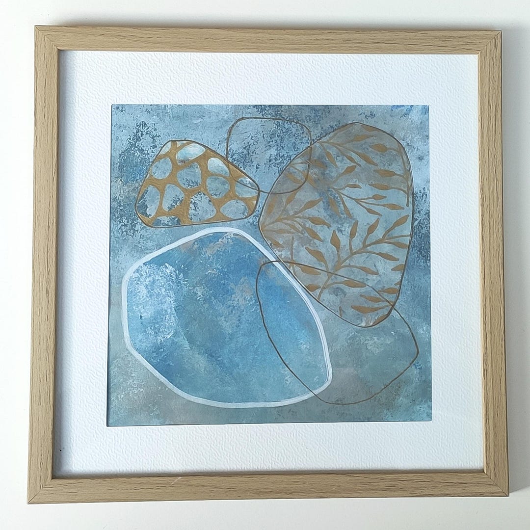 Blue Organic Shapes in Mixed Media Technique, Abstract Painting on ...