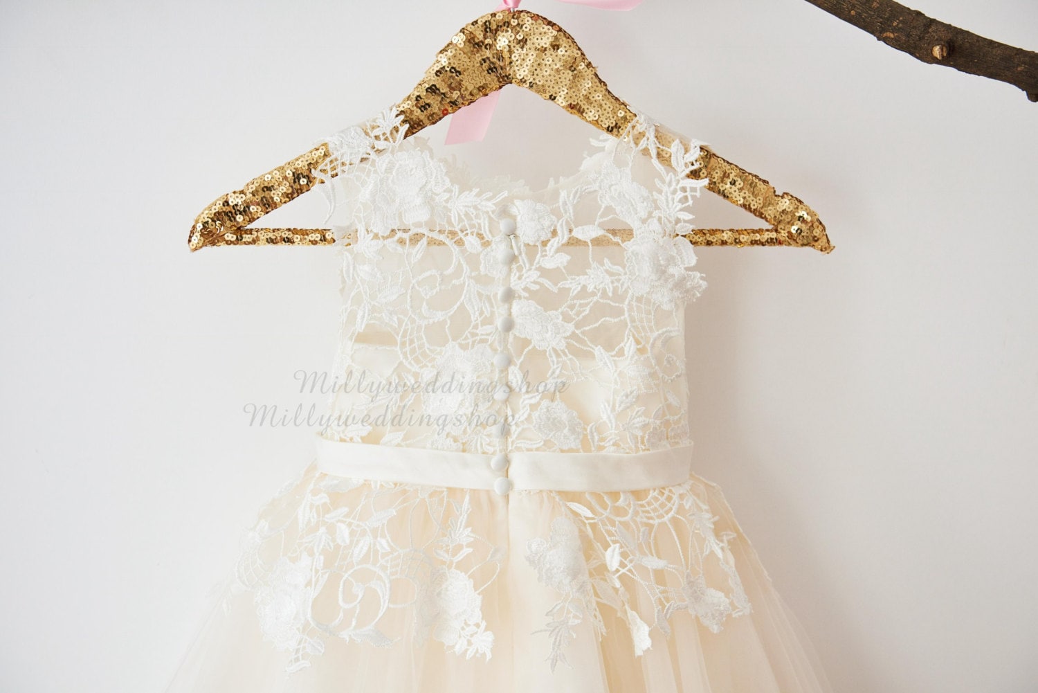 Ivory Lace Champagne Tulle Flower Girl Dress With Bow Belt Etsy