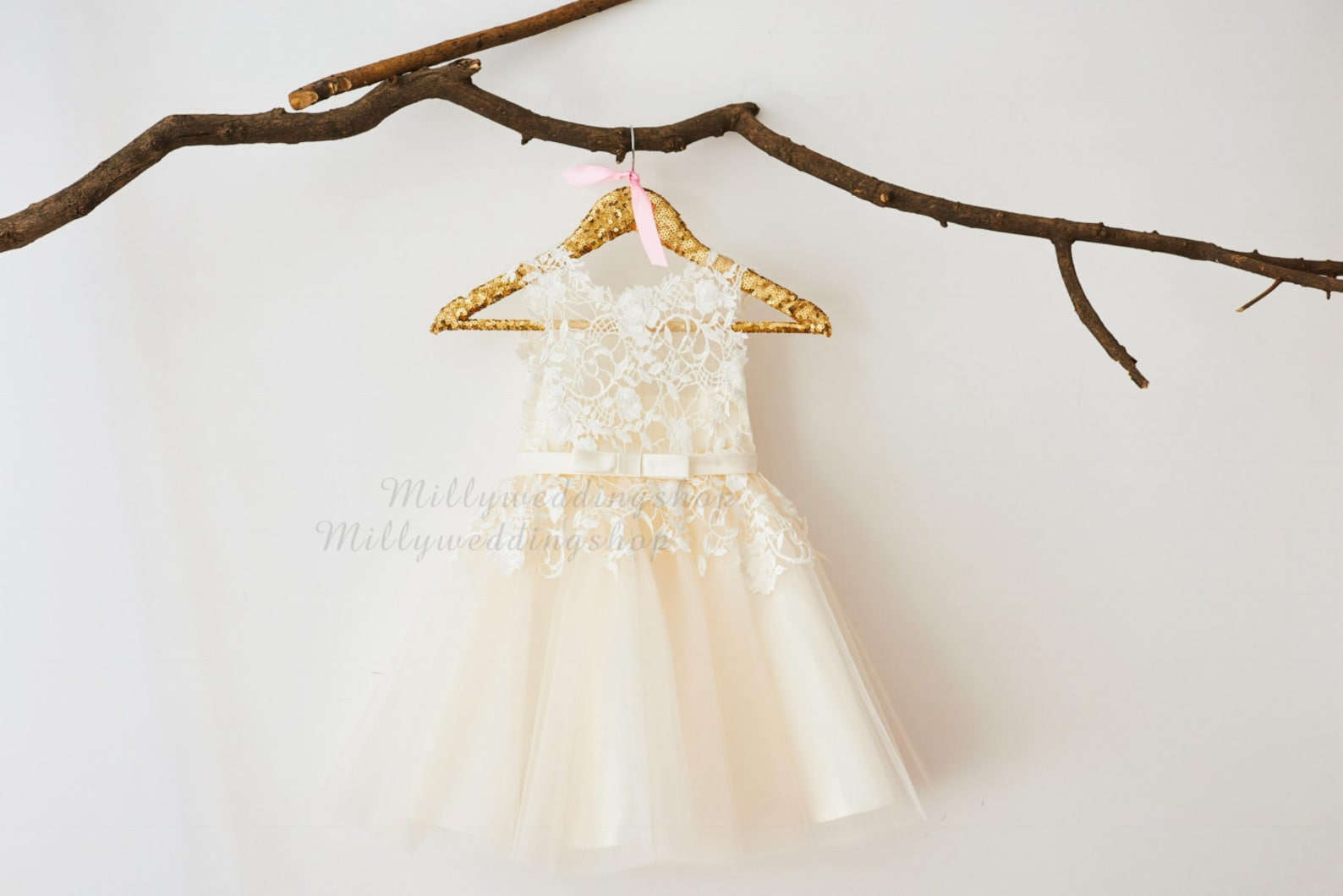 Ivory Lace Champagne Tulle Flower Girl Dress With Bow Belt Etsy