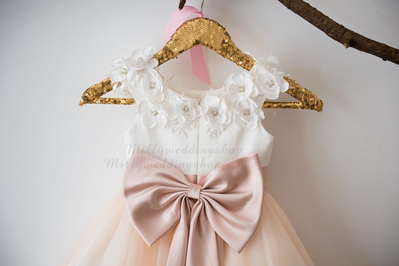 Ivory Satin Beaded Lace Champagne Tulle Flower Girl Dress Etsy