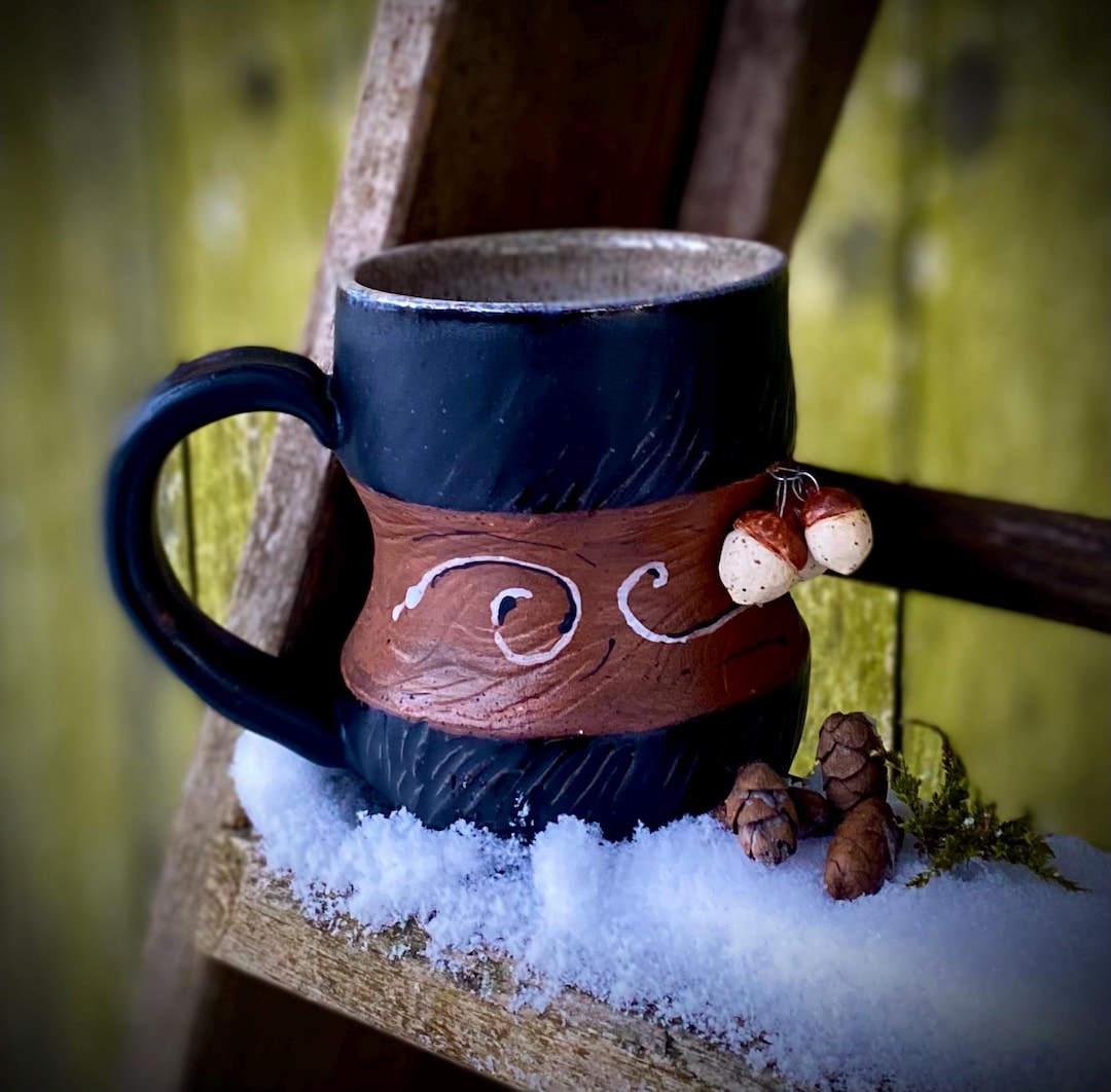 Oak Mug With Acorns, Hand Carved, Creamy Black, Hand Painted Detail ...