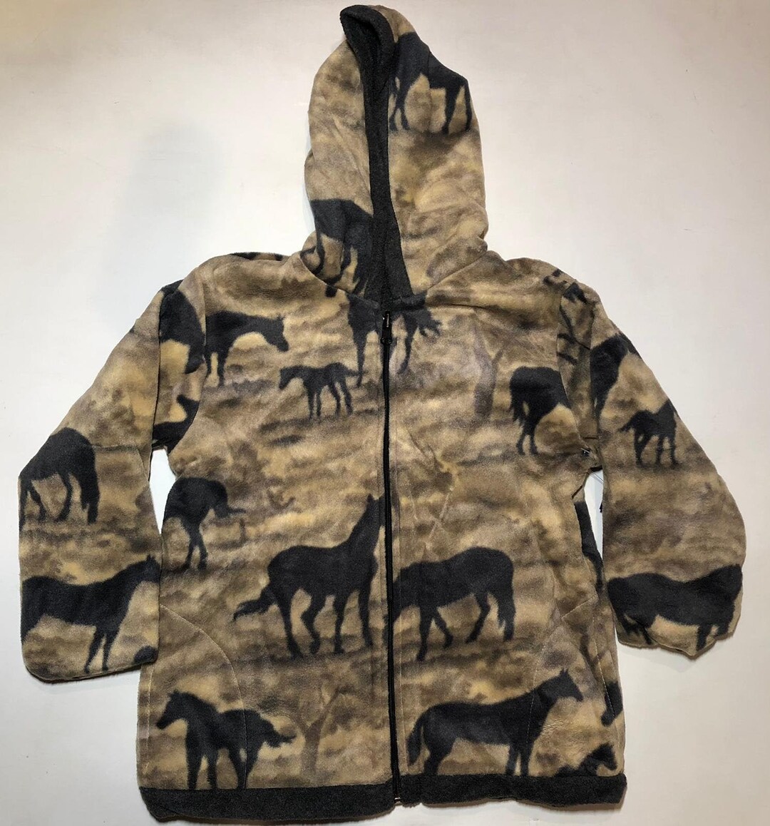 Zoofleece Kids Reversible Heavyweight Hooded Gray Horses Polar Fleece ...