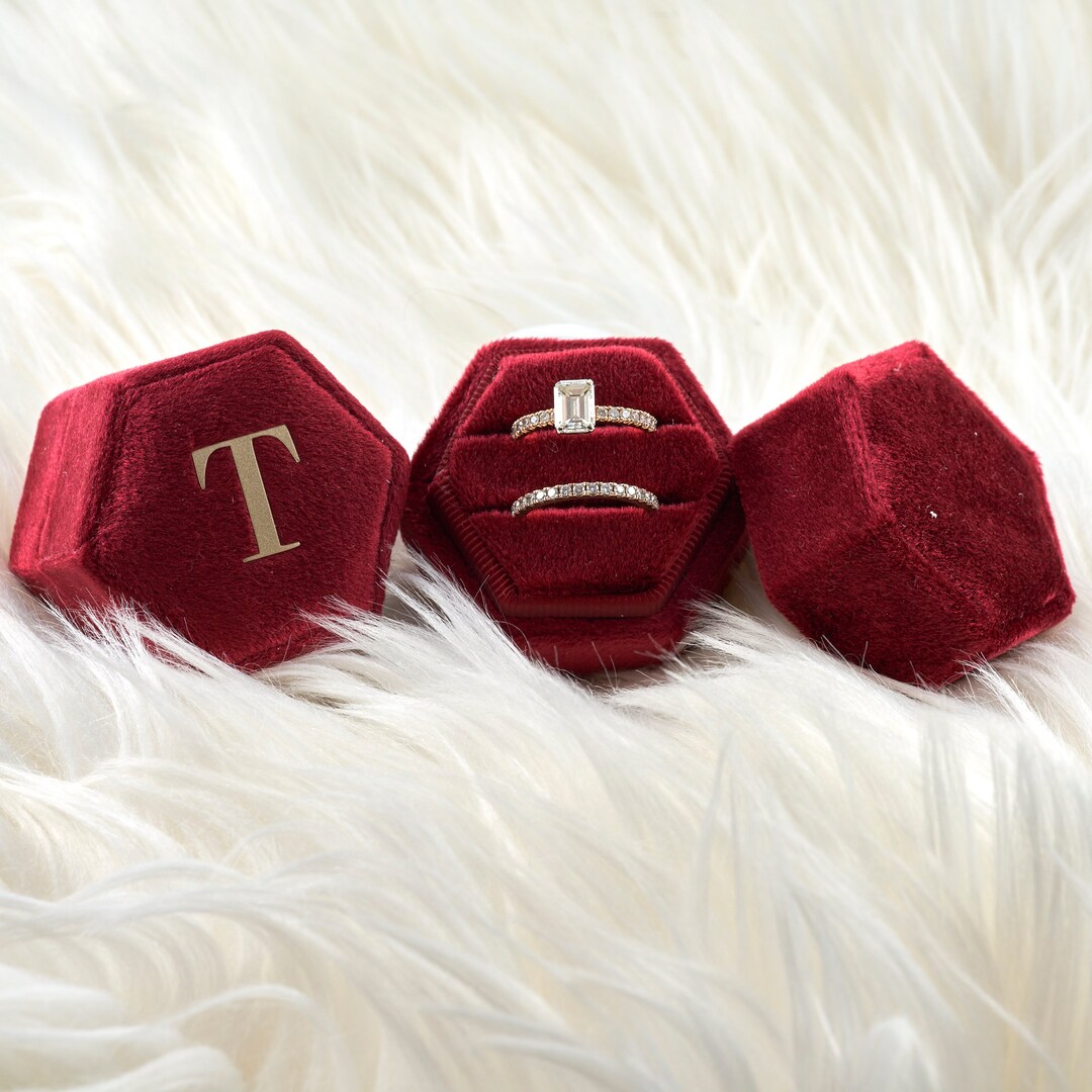 Red Velvet Ring Box Hexagon Single or Double Slot for Engagement and ...