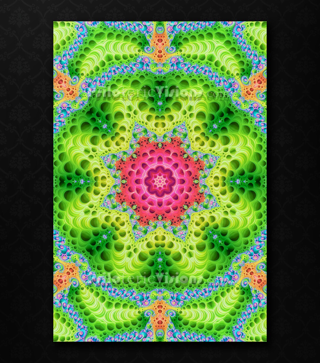 Psychedelic Neon Fractal Pattern TAPESTRY, Festival Mandala Art Print ...