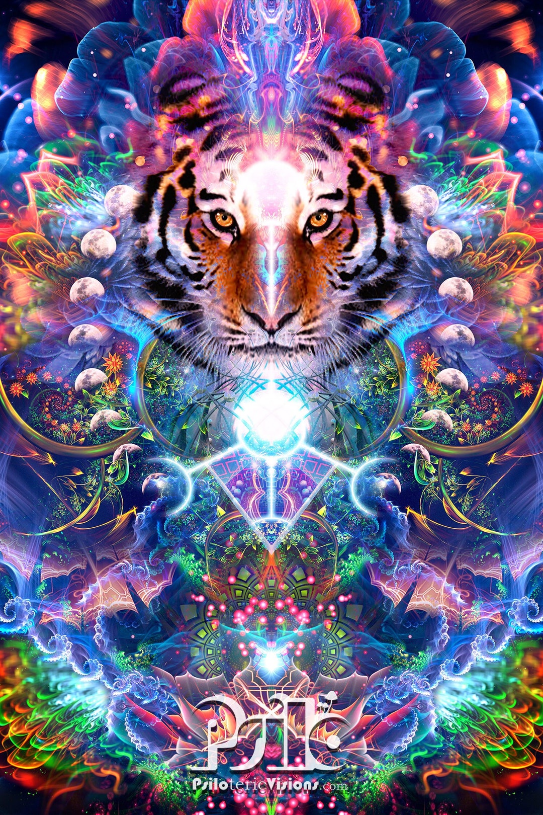 Psychedelic Tiger Art Metallic POSTER, Visionary Art, Moon Phases ...