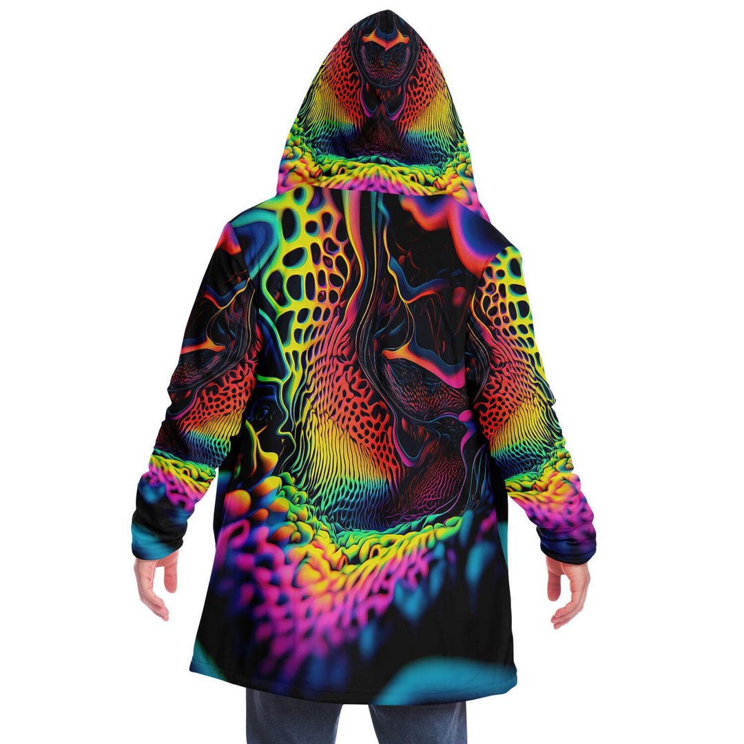 Trippy Neon HOODED CLOAK, Vibrant Neon Rave Jacket, Psychedelic Cape ...