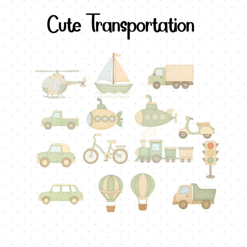 Cute Transportation Watercolor Clipart Set | Car, Plane, Helicopter ...